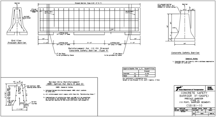 10-Foot Concrete Barrier - Summit Precast Concrete, LP, Montgomery, TX